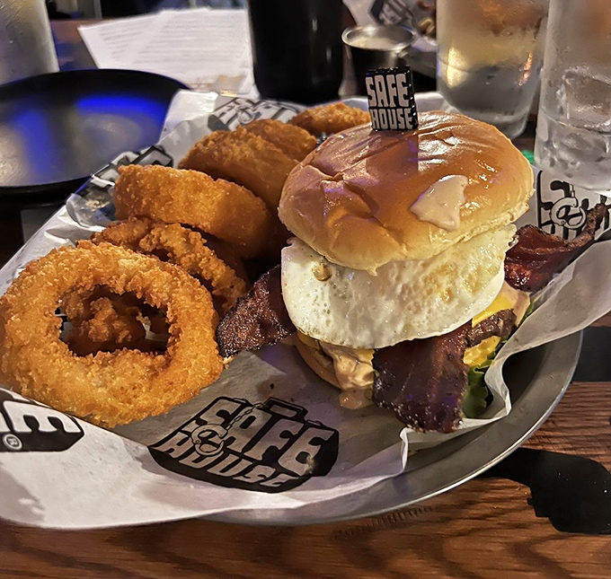The MOAB burger comes with crispy onion rings &ndash; a meal substantial enough to fuel even the most demanding undercover missions.
