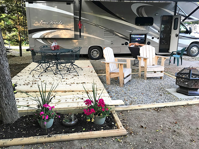 RV sites come with thoughtful touches like wooden platforms and privacy fencing &ndash; camping luxury that keeps your wheels happy.