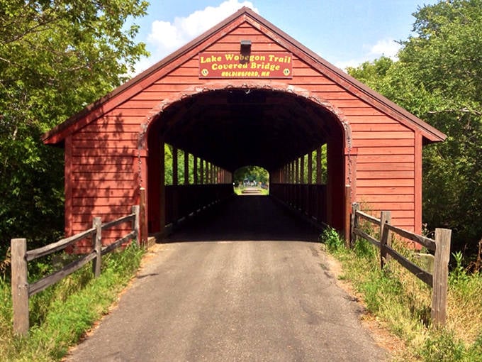 Covered bridge That rich barn-red exterior against Minnesota's blue sky creates a color combination that no filter could improve upon.