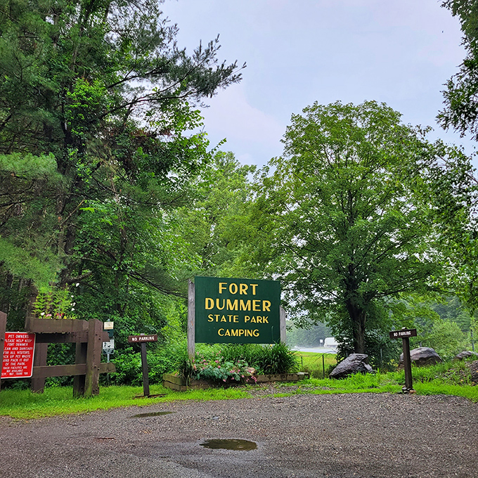 Fort Dummer State Park offers a peaceful retreat into nature just minutes from downtown, with camping spots nestled among historic grounds.