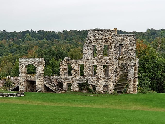 The iconic front view of the Maribel Caves Hotel, with its arched entrance still proudly proclaiming its name. Wisconsin's most photogenic ghost story.