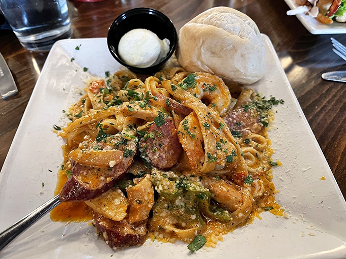 Jambalaya pasta brings the bayou to Lake Superior &ndash; spicy sausage and plump shrimp dancing through perfectly cooked noodles.