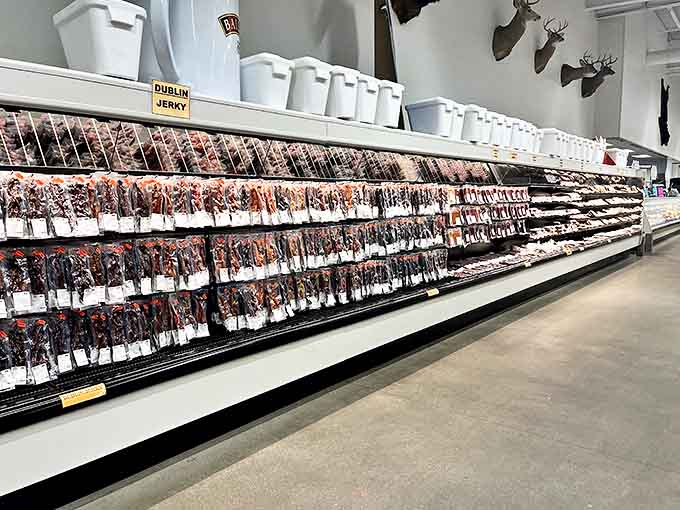 Jerky heaven! Row upon row of perfectly seasoned, expertly dried meats await the discerning snacker with adventurous taste buds.