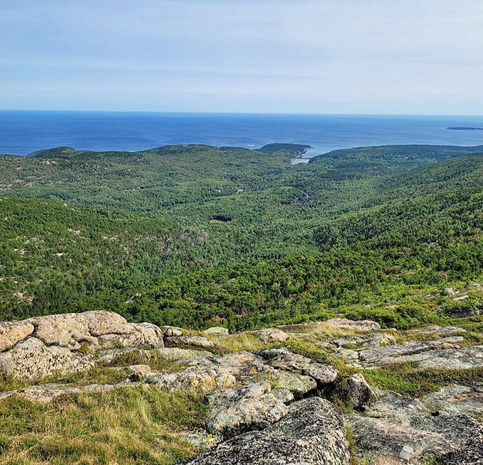 A tapestry of green unfolds below, with forests and meadows stretching toward the Atlantic like nature's own patchwork quilt.