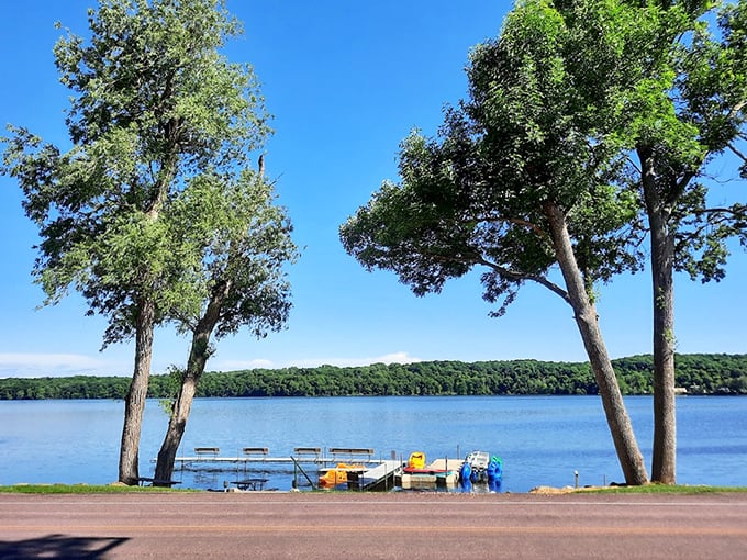 Tranquil waters meet majestic trees at the shoreline, where early risers catch the morning mist dancing across the lake.