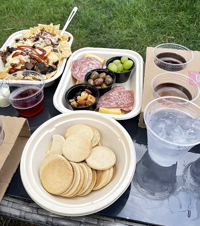 Picnic perfection: A feast for the eyes and stomach &ndash; charcuterie, nachos, and fresh-baked cookies create the ideal foundation for serious beverage exploration.