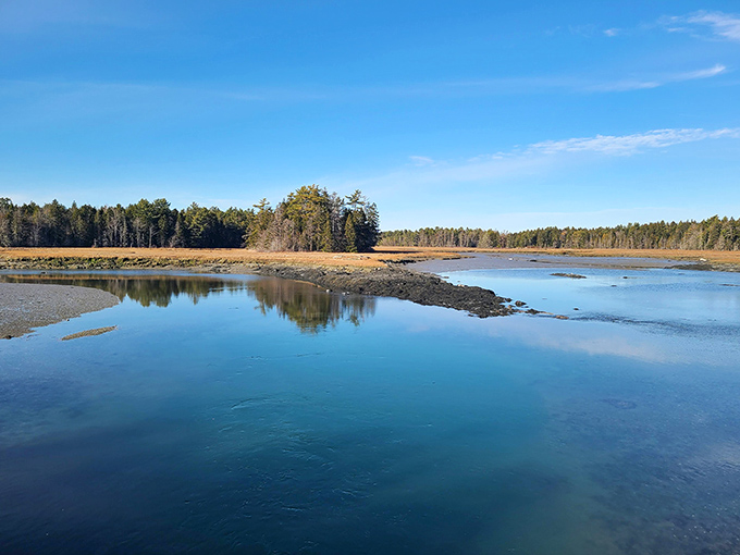 Mirror, mirror on the pond &ndash; Old Pond's glassy surface creates perfect reflections that double the beauty of Maine's pristine wilderness.
