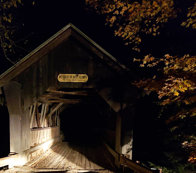 The bridge's weathered warning sign – "NO TRUCKS OR BUSES ALLOWED" – a practical concern for a structure with supernatural residents.