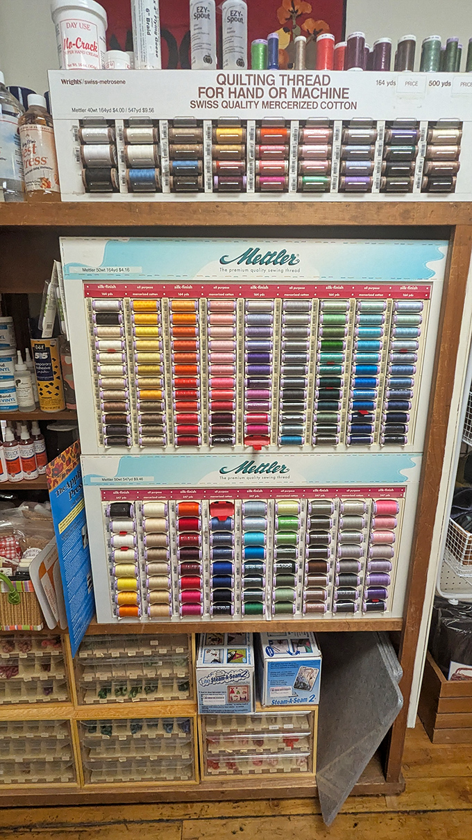 Thread heaven! This display of Sulky cotton threads offers every color imaginable &ndash; from maple leaf red to mountain sky blue for your next masterpiece.