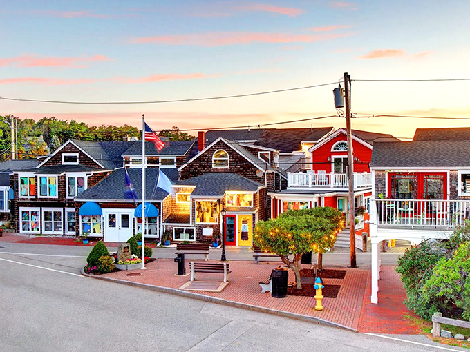 Cape Elizabeth's colorful downtown invites visitors to stroll brick sidewalks past shops that look like they were painted for a movie set.