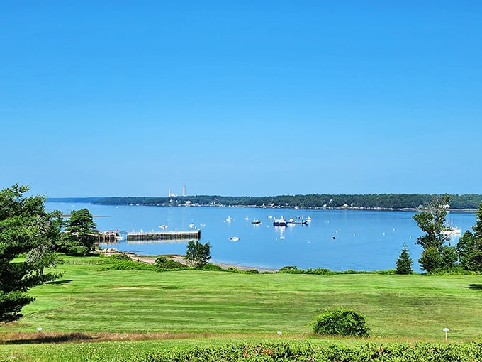 Chebeague Island's sweeping water views showcase the quintessential Maine coastal landscape of blue waters dotted with boats.