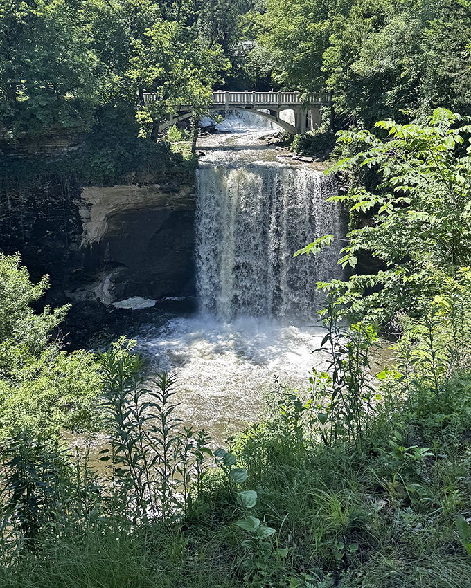 Minneopa's upper falls spread across the limestone like nature decided to install the world's most beautiful water feature in Minnesota.