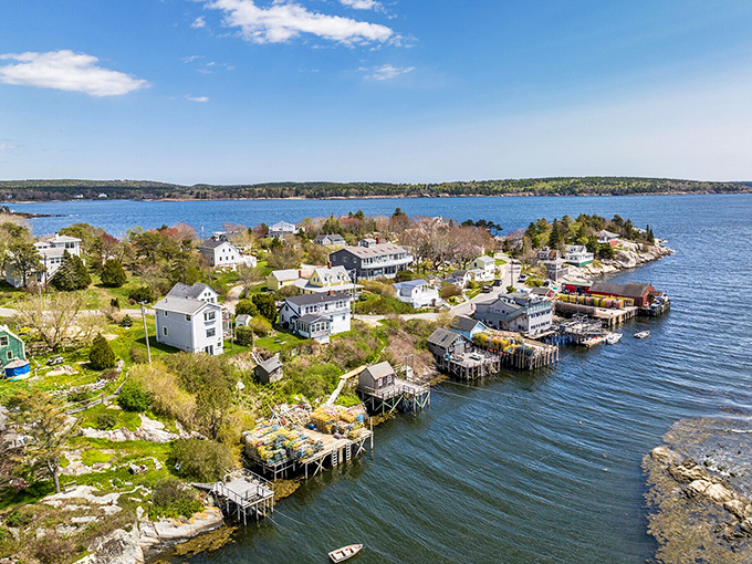 Phippsburg's dramatic aerial view showcases the meeting of land and sea, with homes perched along the rocky coastline.
