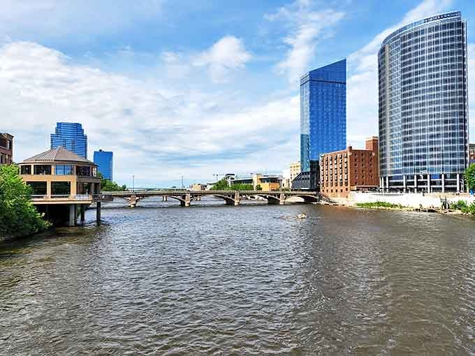 Grand Rapids' blue bridge has become an iconic symbol of the city, connecting neighborhoods across the Grand River with style.