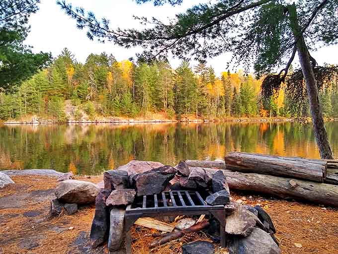 Fall colors create a golden frame around a tranquil Boundary Waters lake, where nature's reflection doubles the visual feast.