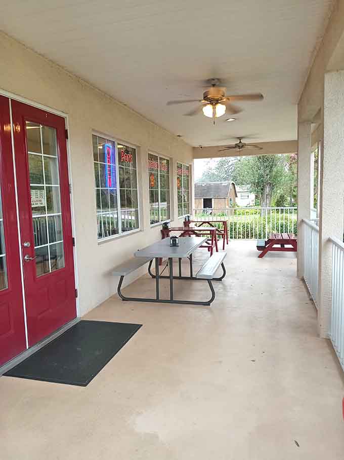 The covered porch at C & K offers shaded seating that's perfect for Florida's enthusiastic sunshine.
