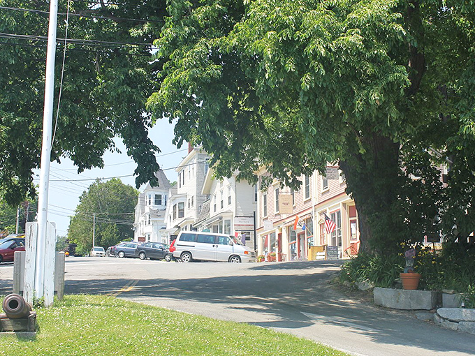 A tree-lined street in Castine invites exploration of this historic peninsula town, where centuries of stories wait around every corner.