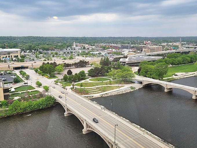 Bridges span the Grand River in downtown Grand Rapids, connecting neighborhoods in this vibrant west Michigan city.