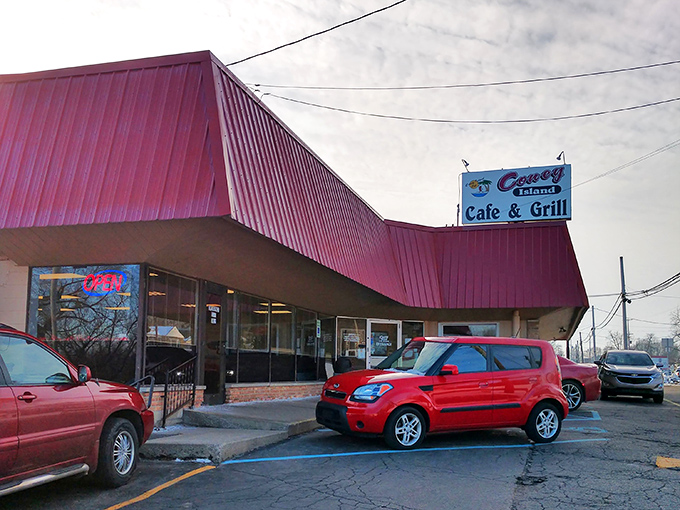 That distinctive red roof means you've arrived at Coney paradise! This Battle Creek location stands out as a beacon for hungry travelers.