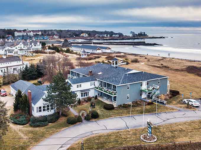 The rocky shore and calm waters show the natural beauty that surrounds this historic Maine community.