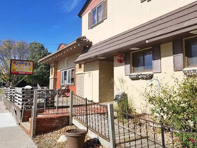 The welcoming entrance to Kathy's Place beckons hungry visitors. This Sacred Heart gem proves that sometimes the best food is found in the smallest towns.
