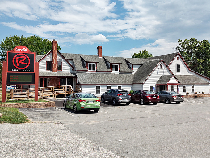 The spacious parking lot at Rustler's Steakhouse hints at its popularity among locals who come for the perfectly-aged Black Angus steaks.
