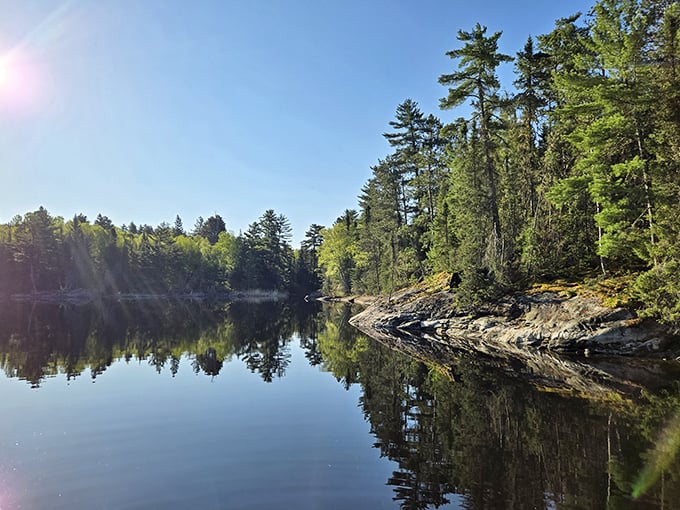 A serene lake in Voyageurs National Park mirrors the perfect blue sky, creating a double dose of Minnesota's natural splendor.