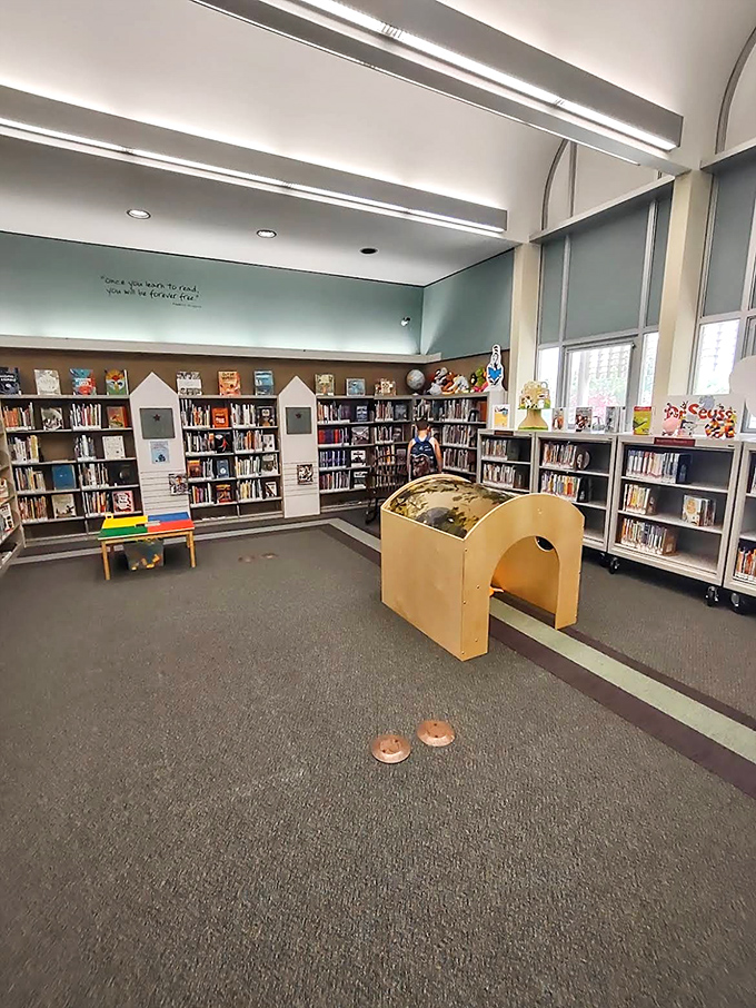 Inside the Hoyt Library, the children's section invites young readers to discover magical worlds within books, surrounded by castle-worthy architecture.
