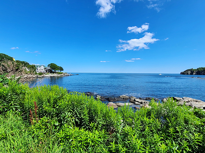 Crystal clear waters meet the rocky Maine coastline, creating a peaceful haven where time seems to slow down for island visitors.