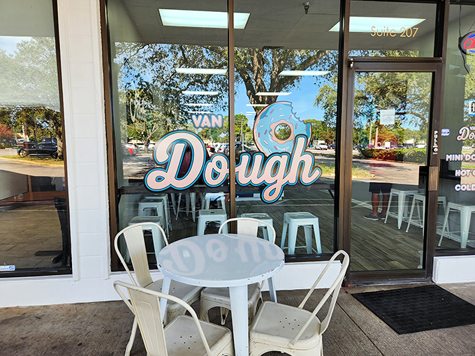 Outdoor seating at Van Dough invites donut lovers to savor their mini treats in the Florida sunshine.