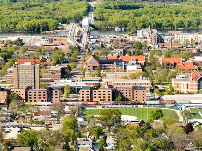 The historic downtown of Winona features impressive architecture from its prosperous lumber era, now housing shops and restaurants.