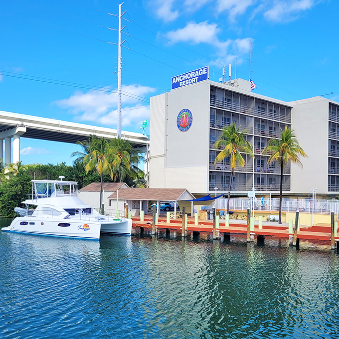 Anchorage Resort offers waterfront relaxation where boats and buildings share space in perfect Florida Keys harmony.