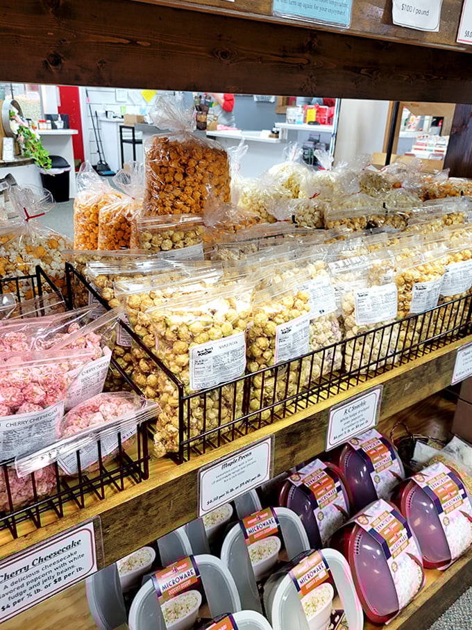 Bags of popcorn perfection stand at attention, their clear packaging teasing the buttery, cheesy, and sweet delights waiting to be devoured.