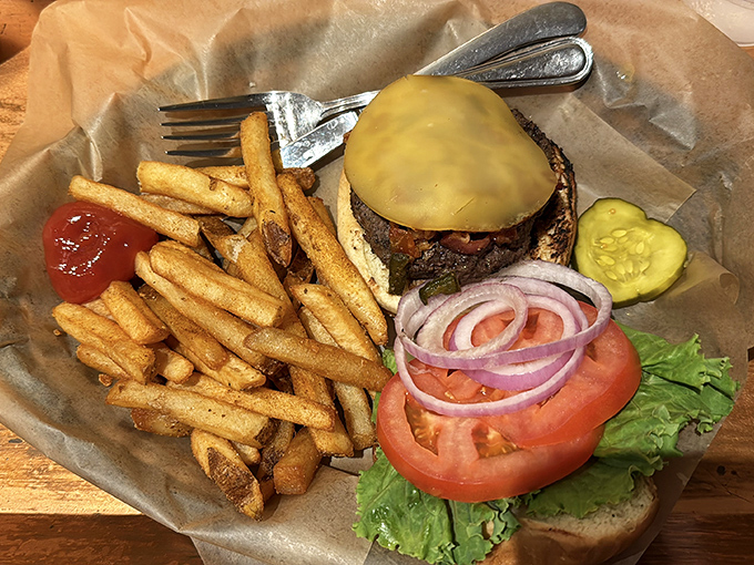 The ultimate BBQ companion - a burger that doesn't try to be fancy, just deliciously satisfying with all the right fixings.
