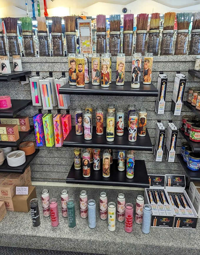 Candle & Incense Display: Scents to transform any space and celebrity prayer candles that blend reverence with pop culture wit.