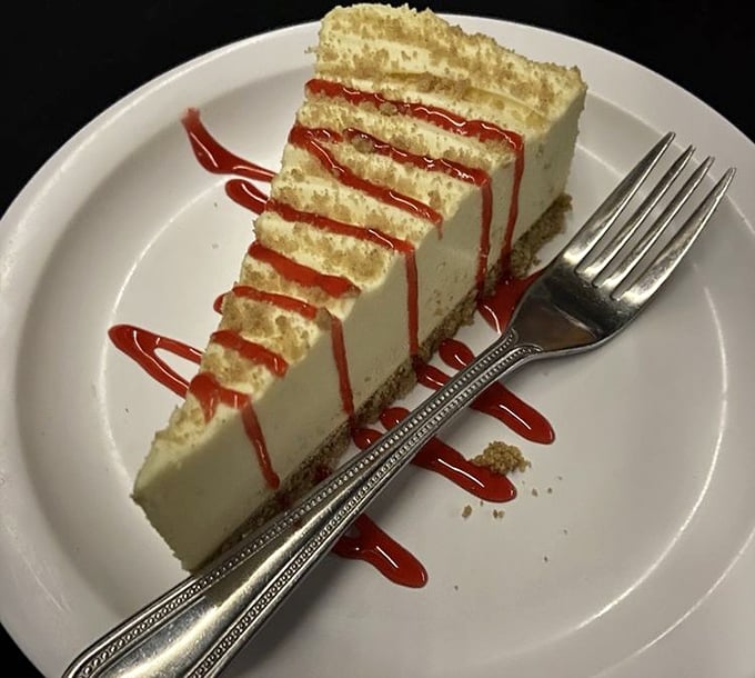 Another dessert option that changes seasonally &ndash; this strawberry-drizzled cheesecake is a cool finish to a warm evening.