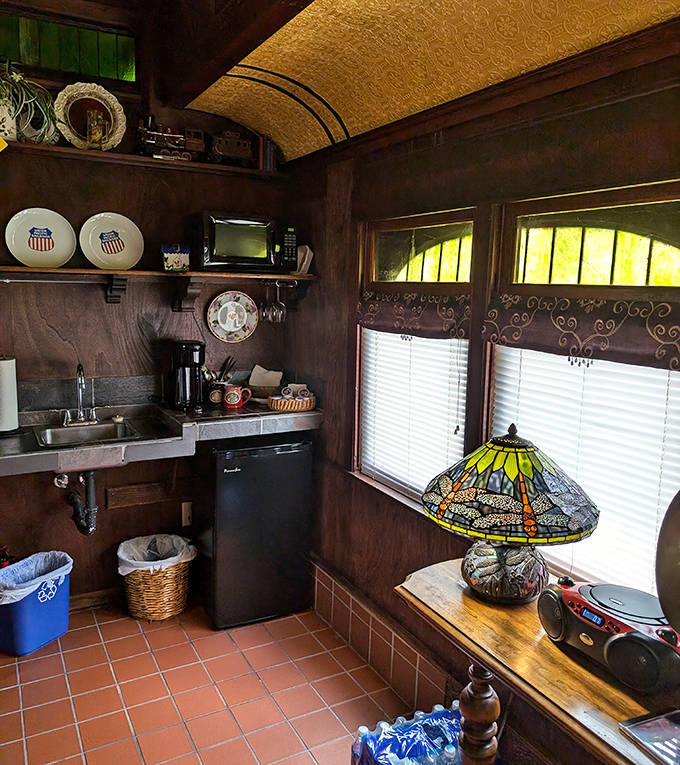 Enjoy all the comforts of home in your private car, including a charming kitchenette perfect for your morning brew.