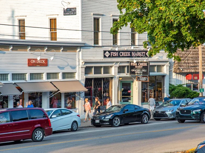 Downtown Fish Creek invites leisurely exploration, with shops and eateries that promise discoveries worth savoring.