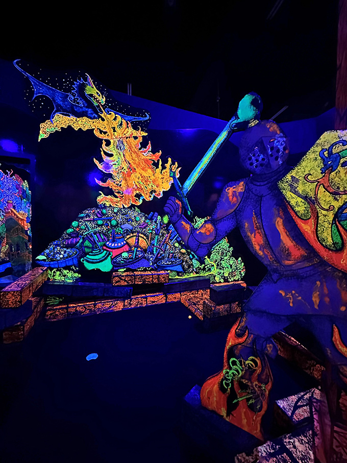 Ancient warriors glow neon-bright in this mesmerizing blacklight showcase of traditional Chinese artistry brought brilliantly to life.