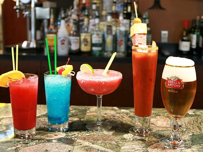 Frozen drinks in colors that don't exist in nature, because sometimes road trips need tropical vibes.