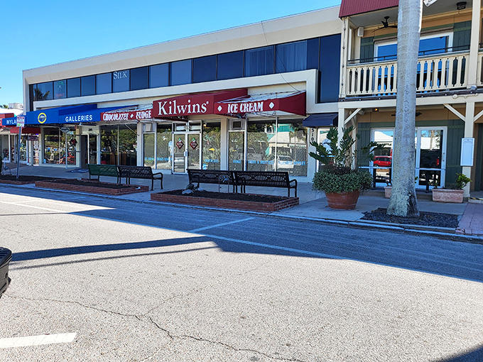 White-washed buildings with colorful awnings create that distinctive St. Armands aesthetic &ndash; part Caribbean charm, part European sophistication.