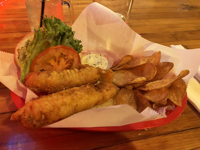 Crispy on the outside, flaky on the inside &ndash; this fish sandwich with house-made chips proves the kitchen takes every item seriously.