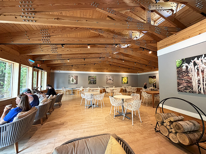 Rustic-chic meets woodland wonder in this airy retreat, where hungry adventurers refuel beneath soaring timber ceilings.