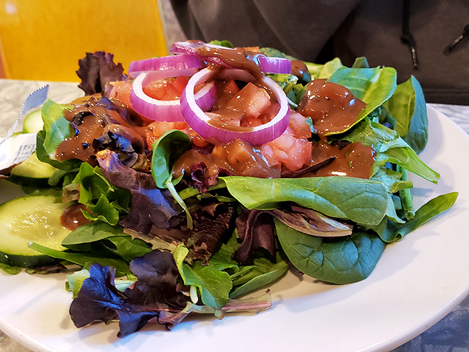 Vibrant greens and colorful veggies proving that even at a classic diner, there's room for something that didn't come from the fryer.