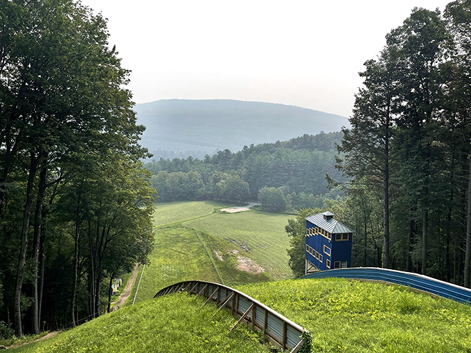Harris Hill's ski jump launches brave souls skyward against mountain backdrops, making mere mortals grateful for gravity while simultaneously questioning their own life choices and courage levels.
