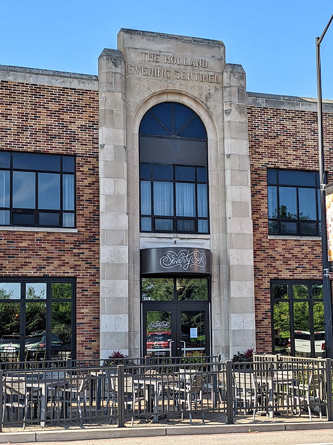 The former Holland Evening Sentinel building now houses trendy eateries, a perfect example of adaptive reuse in action.