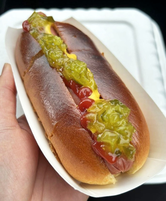 The hot dog that graduated with honors: perfectly nestled in a soft bun with relish and mustard performing a flavor duet.