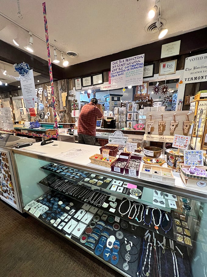 The jewelry counter glimmers with handcrafted treasures, each piece representing hours of meticulous craftsmanship by local artisans.