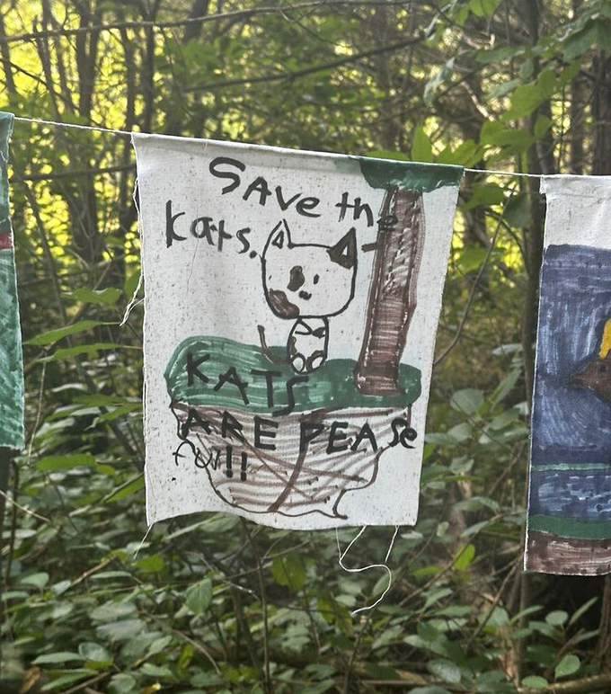 Childhood imagination flutters in the breeze with these handmade prayer flags, where local students' artistic voices join the woodland chorus.