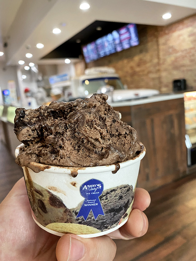 The award-winning "Michigan Pothole" ice cream &ndash; a chocolate lover's dream with fudge chunks that pays delicious homage to the state's infamous roads.